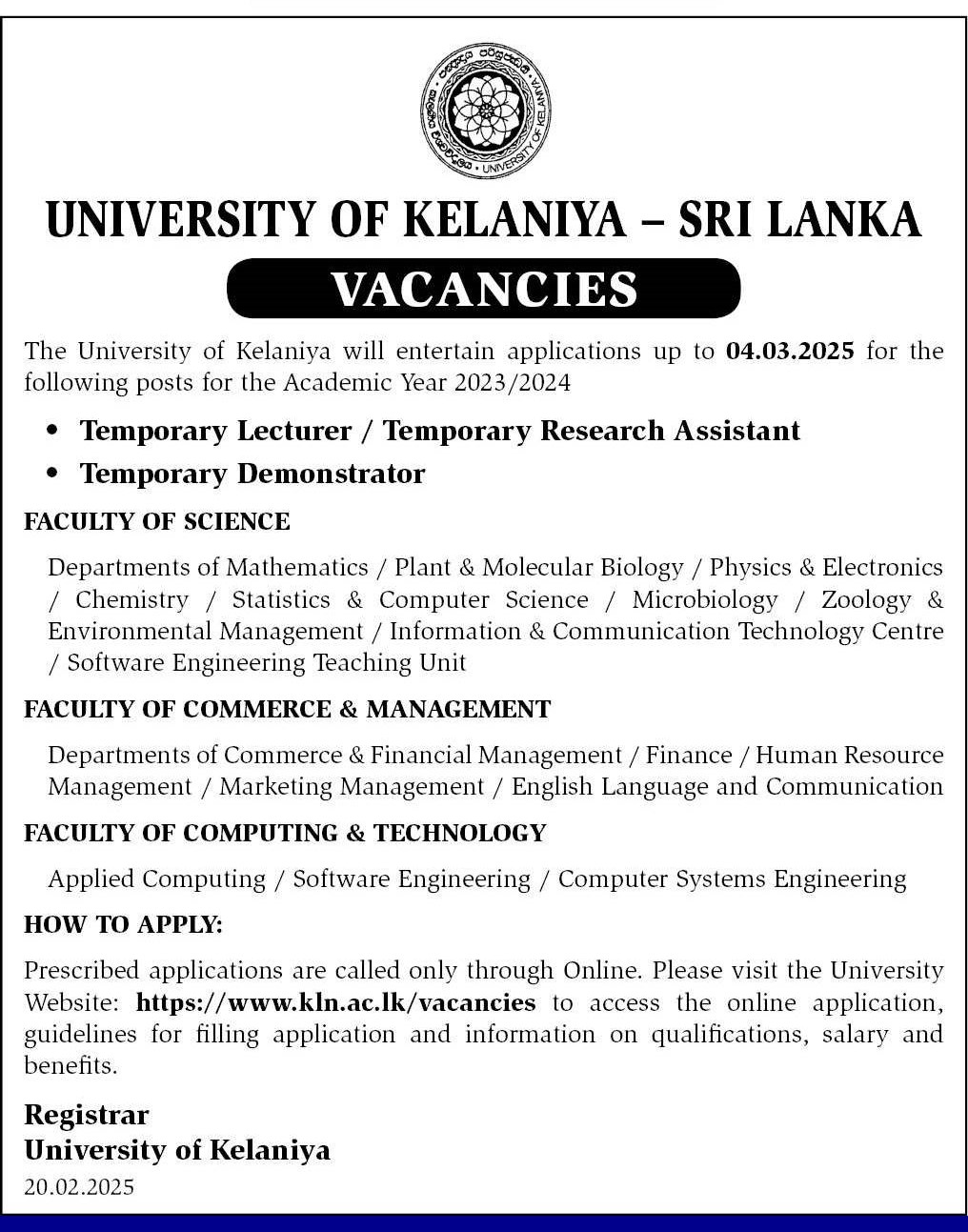 Temporary Lecturer/Temporary Research Assistant, Temporary Demonstrator ...