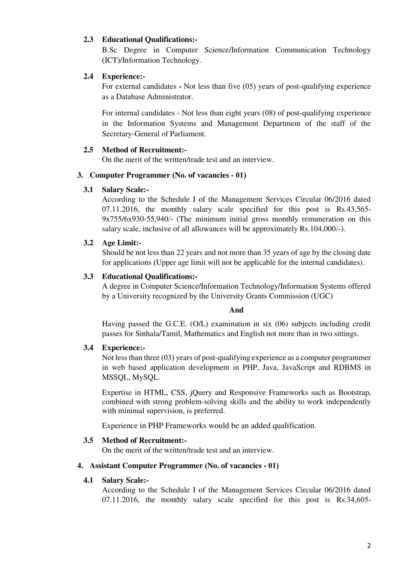 Systems Designer, Database Administrator, Computer Programmer, Assistant Computer Programmer ...